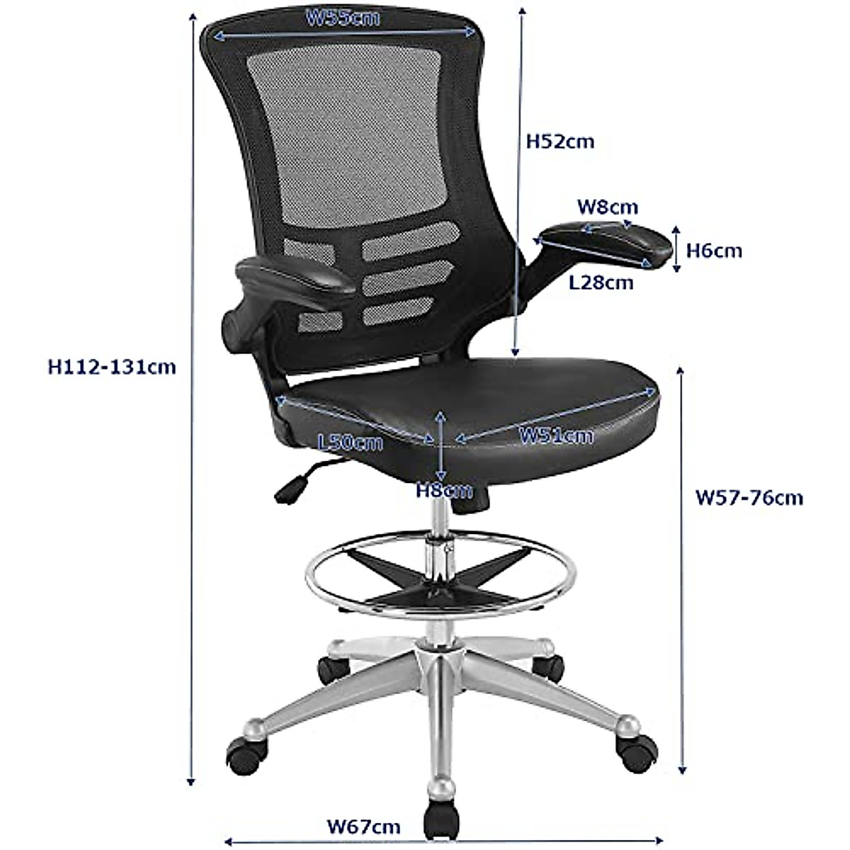 Modway Attainment Vinyl Drafting Chair - Drafting Stool With Flip-Up Arm in Black