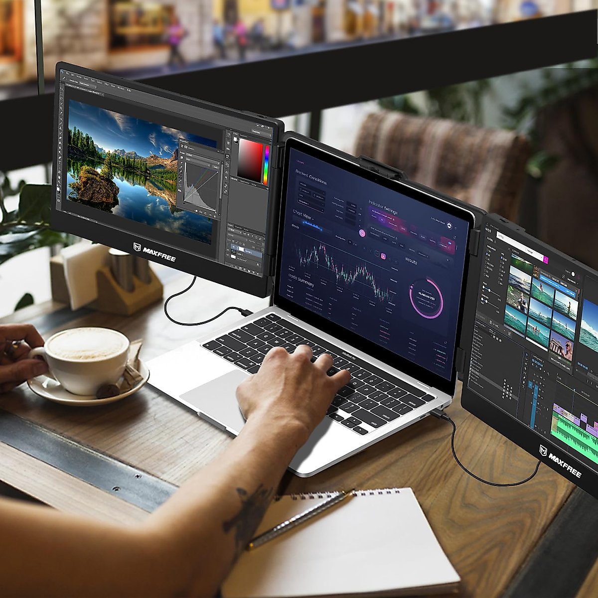Maxfree S2 Laptop Screen Extender, 14'' Laptop Monitor Extender Plug & Play, 1080P FHD Triple Portable Dual Monitor for 13-17'' Laptops, Compatible with Windows/Mac/Surface/Android/Switch