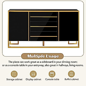 WADRI 59" Sideboard with 3 Drawers and 2 Cabinets, Wood Accent Storage Cabinet with Adjustable Shelves and Gold Metal Legs, Cabinet Console Table for Living Room, Home Office (Black + MDF-A46)