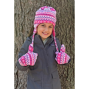 N'Ice Caps Girls Hat Gloves Set Kids Fleece Winter Warm Sherpa Lined Fair Isle (5-8 Years, Fuchsia Multicolor)