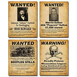 Bootleggers Wanted Posters Art Prints - Set of Four Photos (8x10) Unframed - Makes a Great Bar and Drinking Establishment Decor and Gift Under $20 for Home Brewers