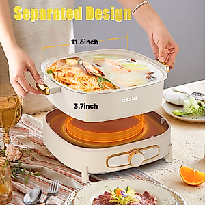 Dezin Hot Pot Electric with Divider, 5.5L Double-Flavor Electric Shabu Shabu Pot, Removable Non-Stick Dual Sided Electric Cooker, 3" Depth Divided Pot with Multi-Power Control, 2 Silicone Ladles