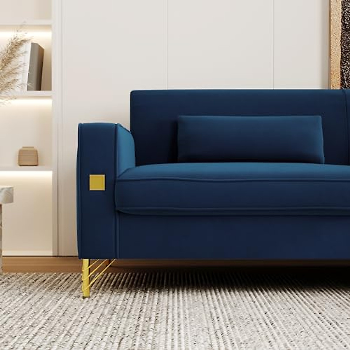 LostCat 85'' Velvet Sofa Couch Mid Century Modern Upholstered 3-Seater Loveseat with 2 Pillows and Armrest for Living Room, Apartment and Small Space, Retro Blue