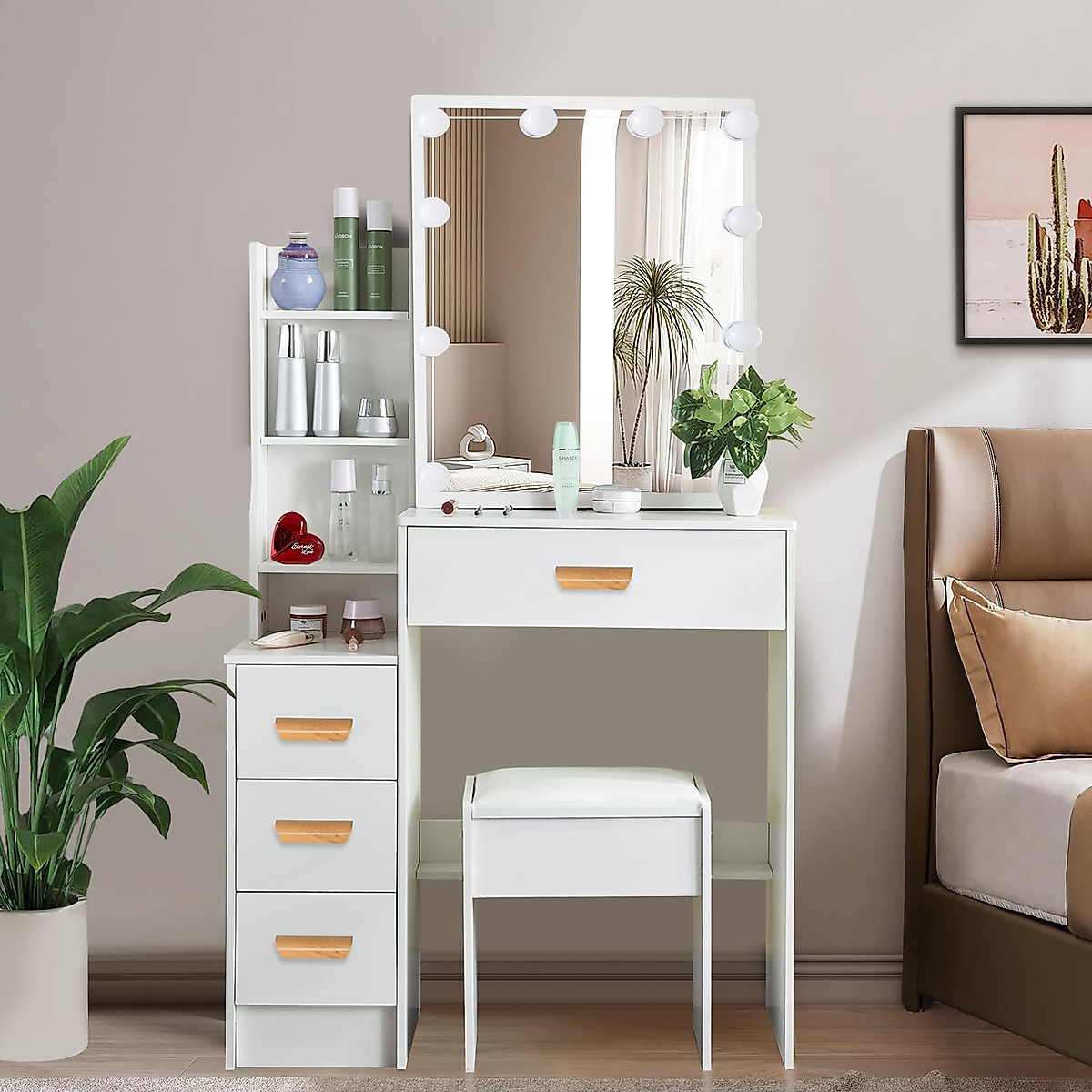 Makeup Vanity Table Set with Mirror and Lights, Vanity Desk with Power Strip, Dressing Table Set with 4 Large Drawers, White