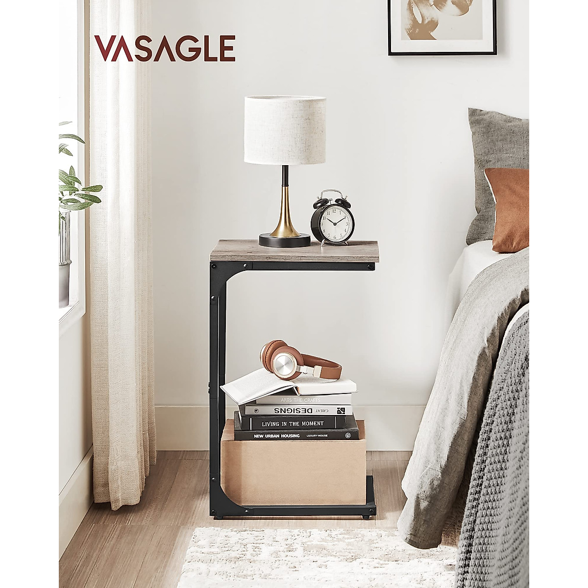 VASAGLE C-Shaped End Table, Small Side Table for Couch, Sofa Table with Metal Frame for Living Room, Bedroom, Bedside, Greige and Black
