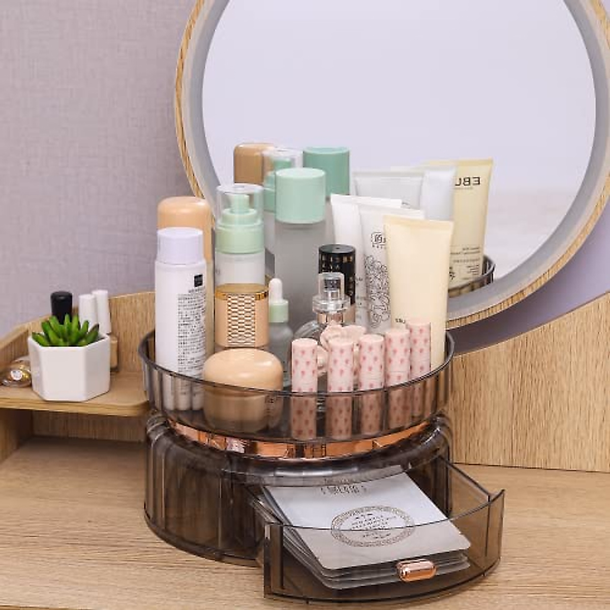 Cq acrylic 360 Rotating Makeup Organizer for Vanity,Bathroom Countertop Organizer Spinning Organizer with Drawer,Large Capacity Cosmetics Storage Box Skin Care Organizers for Bedroom Vanity Desk,Grey