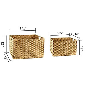 Wicker Baskets with Carrying Handles Foldable Handwoven Cube Storage Basket Bin Rectangular Open Storage Bins,Set of 2