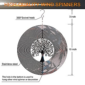SPRING SONG Wind Spinner 3D Stainless Steel Indoor Outdoor 10" Mirrored Stainless Steel Tree of Life Decoration Crafts Ornaments Kinetic Yard Art, Hanging Wind Spinners Decor Gifts
