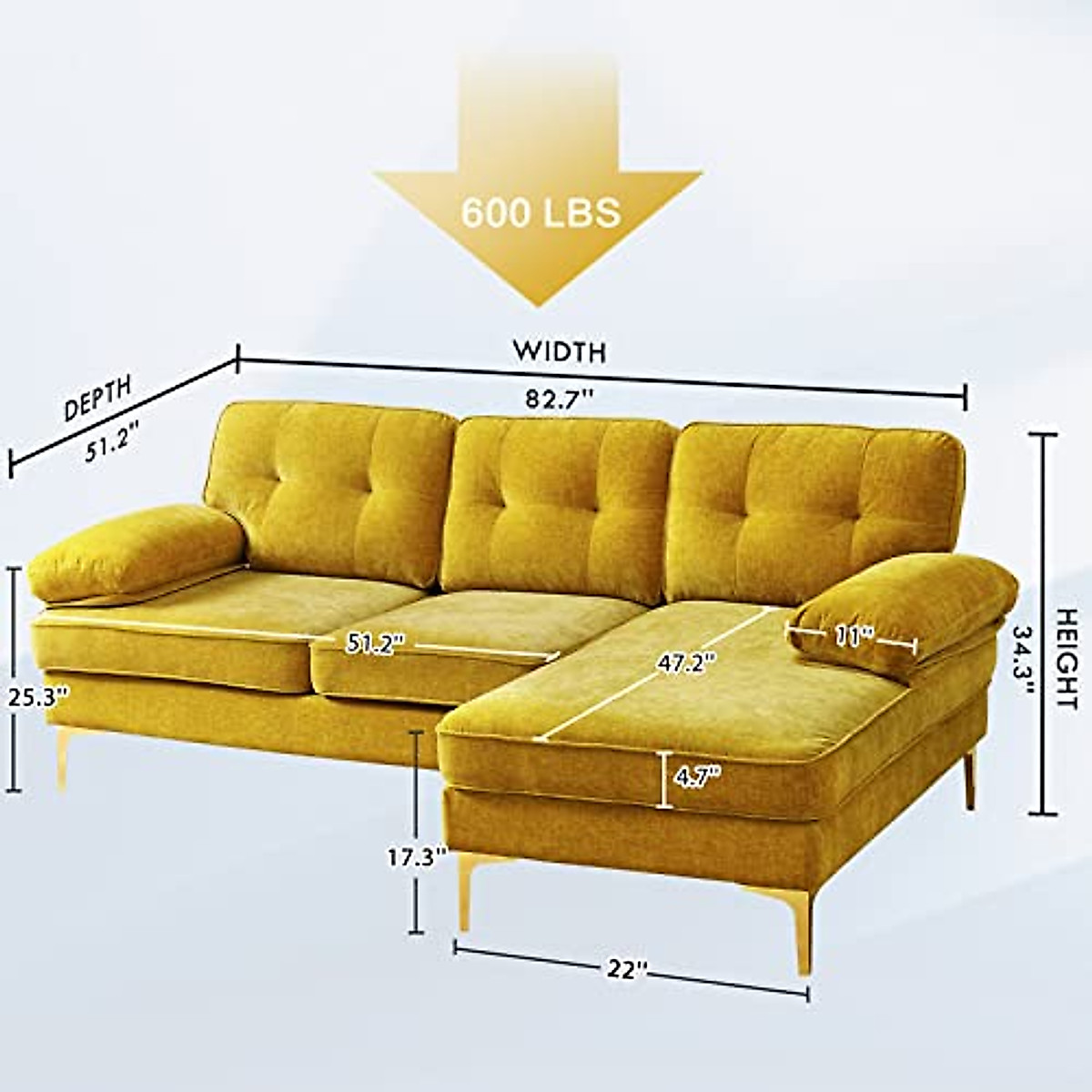 LANELIFE 79" W 3-Seat Sofa, L Shaped Sectional Sofa Bed,with Extra Wide Chaise Lounge and Gold Legs, Chenille Couch for Living Room, Apartment and Small Space (Golden)