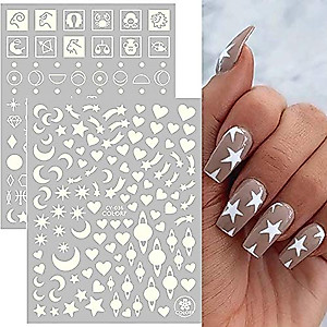 XJL 6 Sheets Luminous Flame Stars Moon Flowers Nail Art Stickers, 3D Self Adhesive Fire Constellation Star Butterfly Flower Heart Nail Design For Women Girls, Glow in Night, DIY Nail Decoration