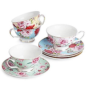 BTäT- Floral Tea Cups and Saucers, Set of 4 (7oz) with Gold Trim and Gift Box, Cappuccino Cups, Latte Cups, Tea Set for Adults, Porcelain Tea Cups, Tea Cups for Tea Party, Rose Teacups, China Tea Cups