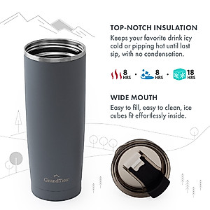 GRANDTIES Insulated Coffee Tumbler Cup w/Tritan Lid | Leak Proof, Reusable, Double Walled Vacuum Stainless Steel Water Bottle Travel Mug | Thermal Cups for Hot and Cold Drinks | 20oz | Stone Gray