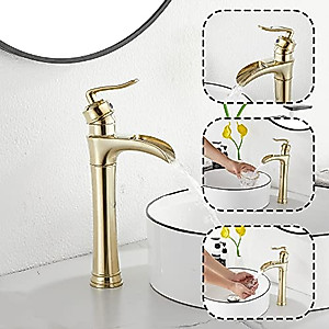 Brushed Gold Bathroom Faucet GGStudy Waterfall Bathroom Faucet Single Handle One Hole Tall Body Farmhouse Bathroom Vessel Sink Faucet Vanity Faucet Matching with Pop Up Drain