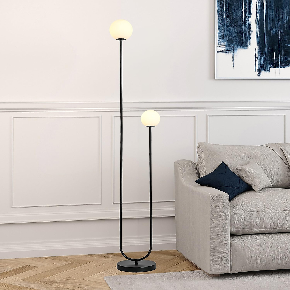 AMARTIZ Mid Century Black Floor Lamp Modern U-Shape Globe Glass Stand Light Modern Black Floor Light for Living Room Bedrooms Offices,Milk White Glass Lampshade
