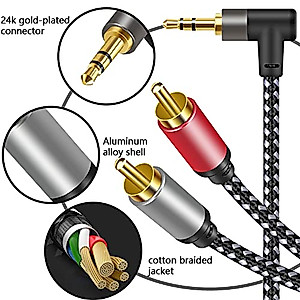 AUX RCA Y Cable 20FT, 3.5mm to 2-Male RCA Adapter Stereo Splitter Cable 1/8" Right Angle TRS to RCA Straight Plug Audio Auxiliary Cord for Smartphone, Speakers, Tablet, HDTV, MP3 Player