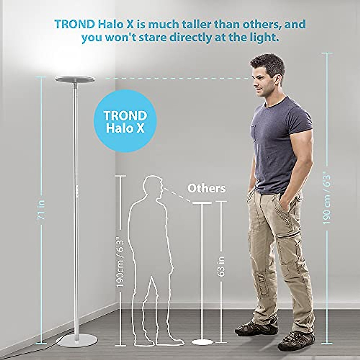 TROND Led Floor Lamp Torchiere Dimmable Floor Lamp 30W, 5500K Natural Daylight(Not Warm Yellow), 5000 lm, 71 in, 30 Minutes Timer, Detachable, Silver
