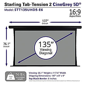 Elite Screens Starling Tab-Tension 2 CineGrey 5D, 135" 16:9, 8K 4K Ultra HD Ready Ceiling and Ambient Light Rejecting Electric Projector Screen, CineGrey 5D Projection Material, STT135UHD5-E6