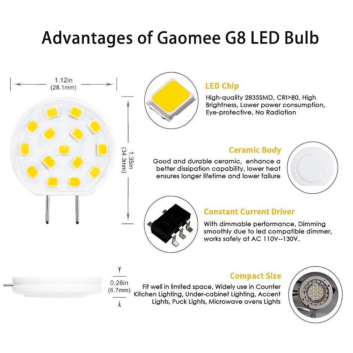 G8 LED Bulb Dimmable 3W Mini Thin Puck Light Bulbs Equivalent to 20W-25W T4 G8 Bi-Pin Base Halogen Bulb, 120V Warm White 3000K G8 Bulb for Under Counter Kitchen Lighting, Under Cabinet Light (8 Pack)