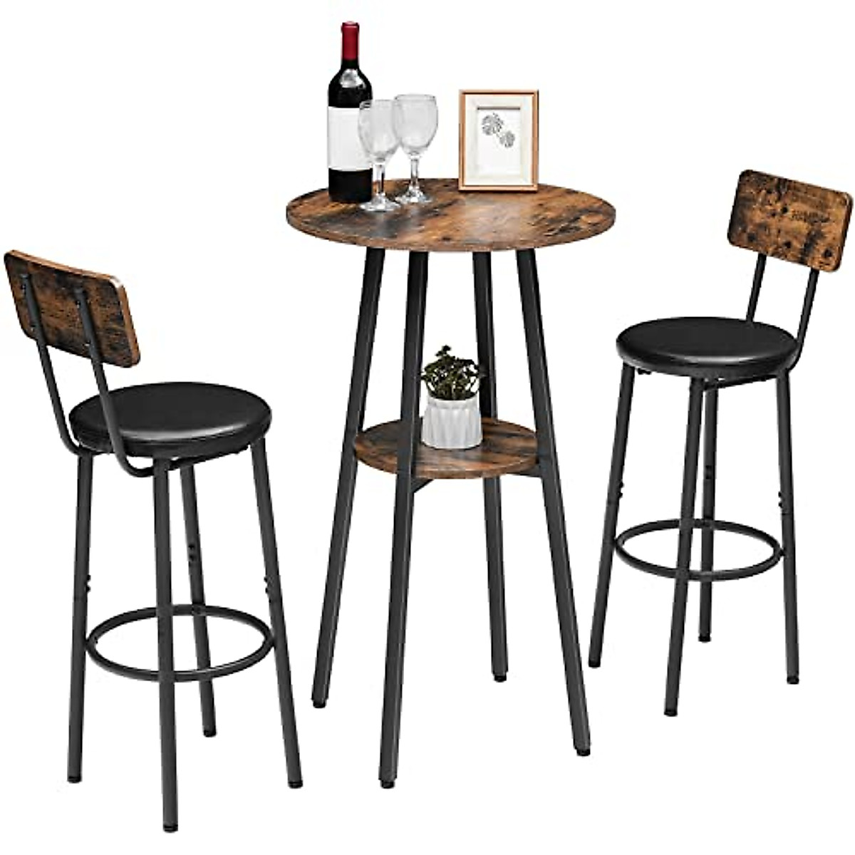 HOOBRO Bar Table, Round Pub Table, 2-Tier Bistro Table with Storage, High Top Table, Cocktail Table with Top Particleboard, for Kitchen, Living Room, Meeting Room, Rustic Brown and Black BF55BT01