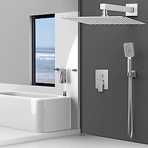 Shower System Modern Rain 12 inches Brass Shower Faucet Set With Valve and Diverter Shower Mixer With Handheld High Pressure Square Rainfall Shower Rough-in Valve (12‘’, Brushed Nickel)