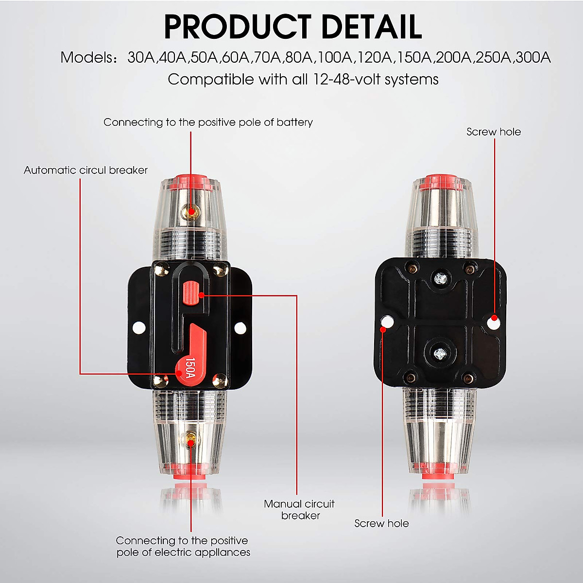M1A2 Circuit Breaker Switch 150A Waterproof Fuse Inline Holder 3-15 AWG Resettable Fuse Manual Reset 12V-48V DC for Car Audio Sound Amplifier System RV Home Marine Boat Truck