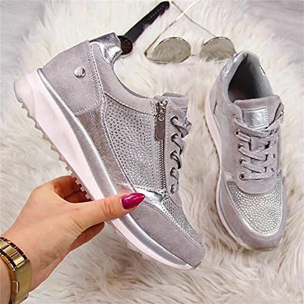 Ladmiple Womens Tennis Shoes Women's Running Shoes Non Slip Athletic Tennis Walking Sneakers Classic Casual Fashion Slip On Comfort Platform Shoes Grey