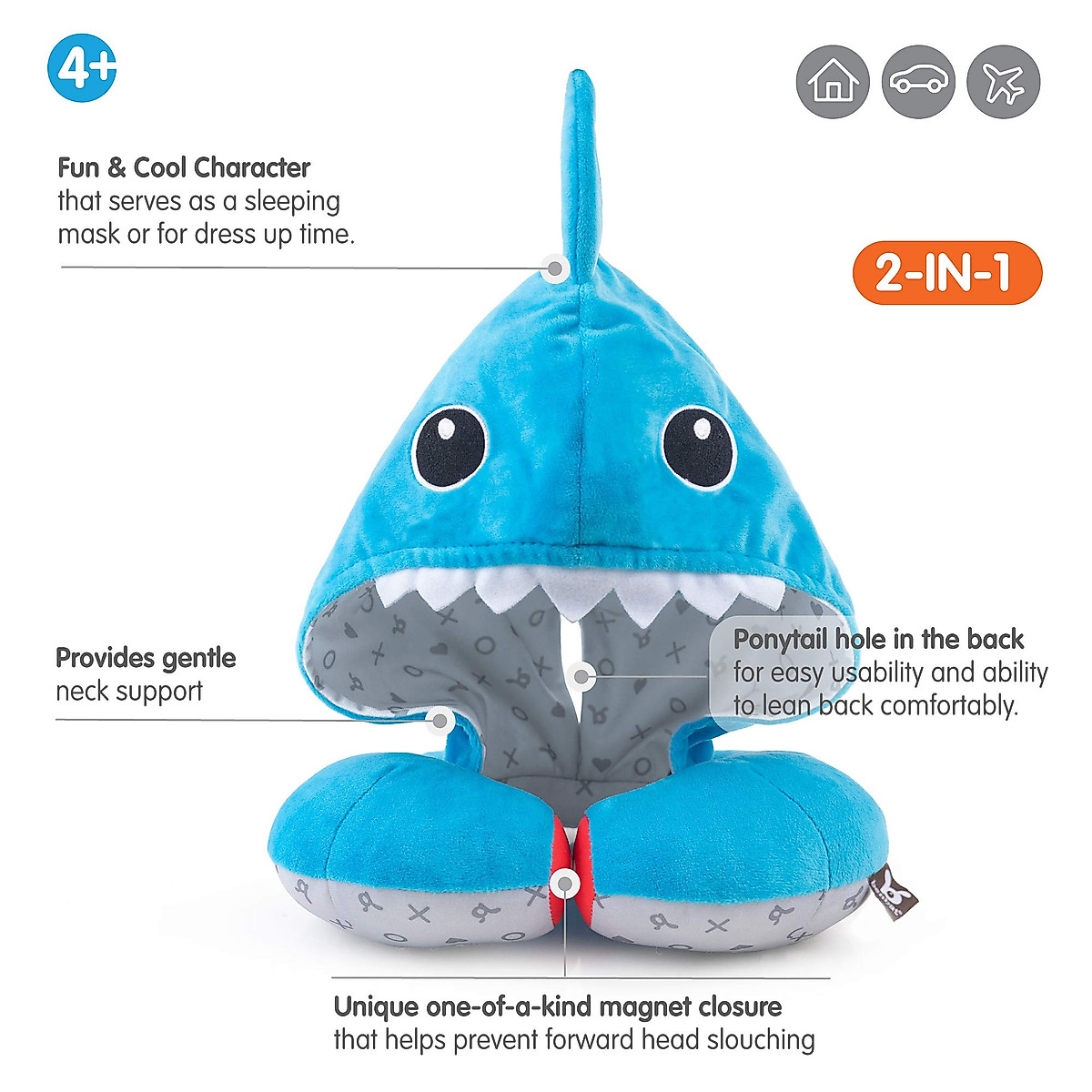 BENBAT Hooded Travel Pillow Neck Support – Soft, Polyester Total Car Seat Head Support for Children 4+ with Magnetic Closure and Ponytail Hole – Machine-Washable Travel Essentials (Shark)
