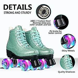 PERZCARE Roller Skate Shoes for Women/Girls,Retro 4 Wheels Quad PU Leather High-top Skates,Men/Boys Indoor Outdoor Shiny Roller Skates for Youth/Adult Unisex