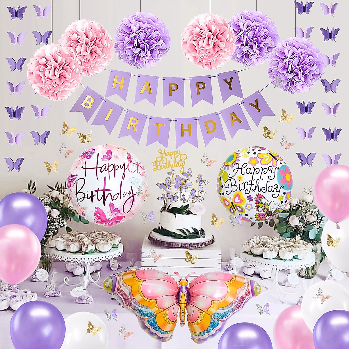 Iysoll Butterfly Birthday Party Decorations Supplies pink and purple butterfly decorations for girls Happy Birthday Banner Paper Pom Poms Foil Balloons 3D Butterfly Wall Decor Butterfly Garland