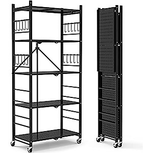 Himix Storage Shelves with 20 Hooks, 5-Tier Collapsible Organization Storage Rack Bookshelf Folding Pantry Shelves Cube Shelf Wire Shelving Holds 440 Ibs for Garage Kitchen Room
