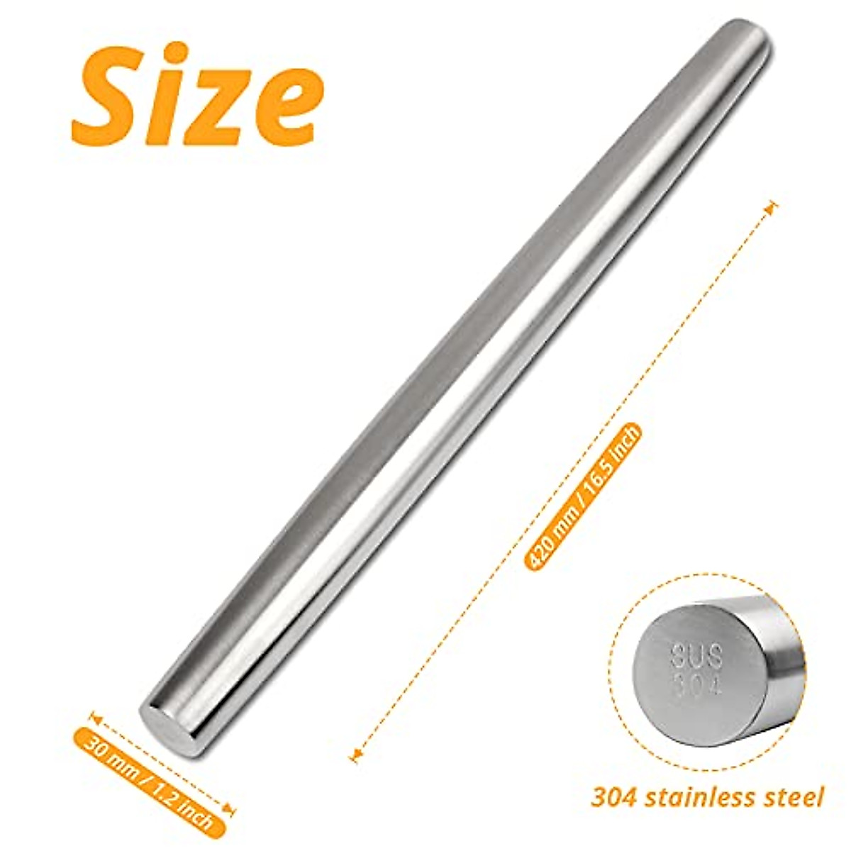 KUFUNG Professional French Rolling Pin for Baking Top-Grade Stainless Steel, Light Weight, Easy to Roll Design Metal Rolling Pin Fondant Rolling Pin for Pie Crust (L, Silver)