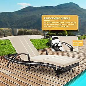RYNSTO Patio Lounge Chair Rattan Chaise Lounge Chair with Adjustable Backrest Thickened Cushion, PE Rattan Steel Frame Outdoor Reclining Chaise for Patio Backyard Porch Garden Poolside, Khaki