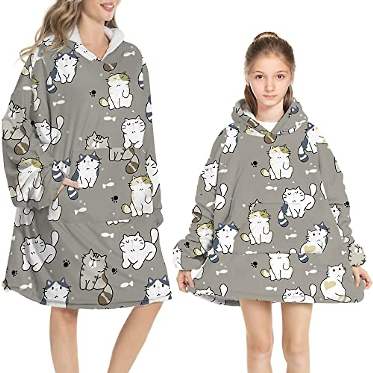 Darrenvan Wearable Blanket Hoodie Oversized Sweatshirt Blanket Adults women men Hooded Sherpa Blanket Giant Pocket reversible clothes Grey cat