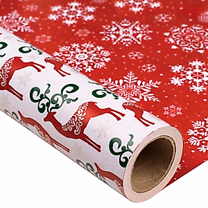 MAYPLUSS Christmas Reversible Wrapping Paper - Mini Roll - 17 Inch X 32.8 Feet- Red Green Reindeer Design (47.3 sq.ft.ttl)