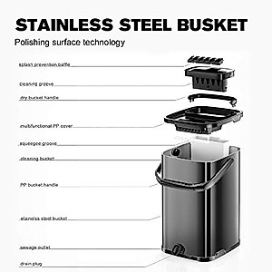 Black Squeeze Flat Floor Mop and Bucket Set,Stainless Steel Handle Adjustable, 4 Washable & Reusable Microfiber Mop Pads, Professional Commercial Home Mops for Floor Cleaning