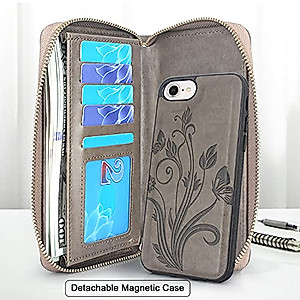 Lacass for iPhone SE 3rd gen/iPhone SE 2020/2022 /iPhone 6/6S/7/8 4.7 inch Crossbody Chain Dual Zipper Detachable Magnetic Leather Wallet Case Cover Wristlets Clutch Card Slot Money Pocket(Gray)