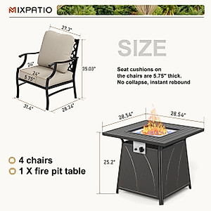 MIXPATIO Patio Furniture Set with Fire Pit Table, 5 Pcs Metal Outdoor Conversation Set, 4 Single Chairs with 5.75" Extra Thick Cushion and 28" Fire Pit Table for Backyard Deck, Beige
