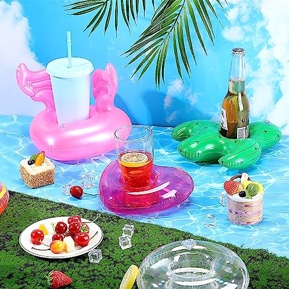 Lenwen 120 Pack Inflatable Drink Holder Pool Drink Floats Inflatable Floating Cup Holders for Adults Summer Swimming Pool Party Supplies, Boys Girls Bath Toys Flamingos Unicorn