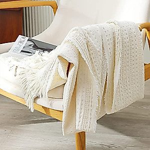 Simple&Opulence 100% Cotton Throw Blanket for Couch, Bed, Waffle Weave Cable Knit Blanket with Tassels, Soft Lightweight Pre-Washed Breathable Cozy Blanket Farmhouse Decoration for All-Season (White)