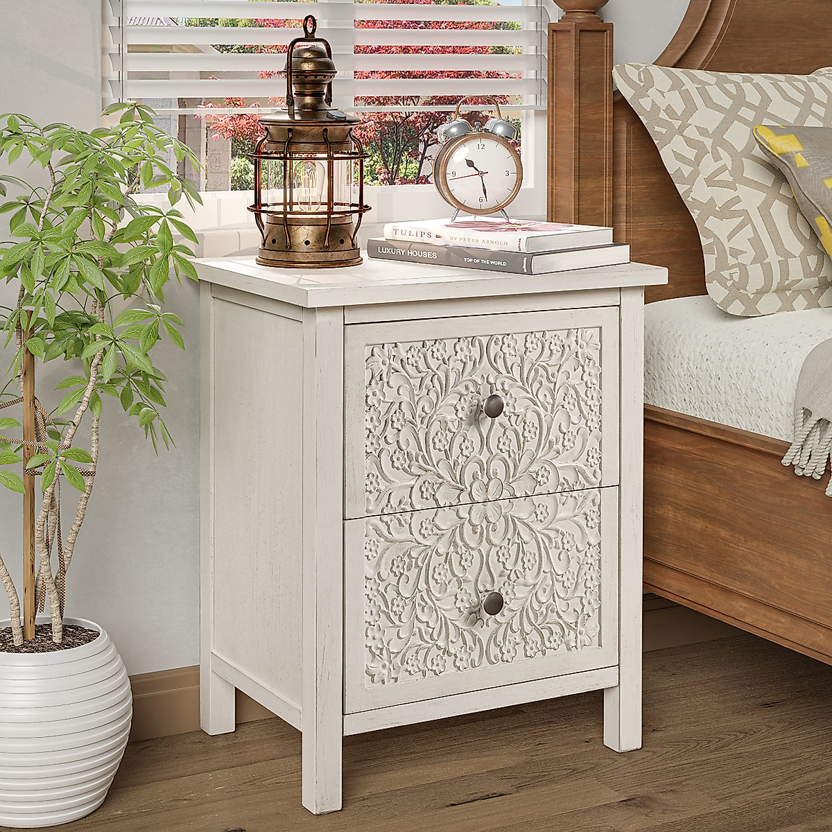 COZAYH Farmhouse Fully-Assembled Nightstand with 2-Drawer, Flower Motif End Table for Small Spaces, French Country, Modern, Distressed Finish, White-Washed