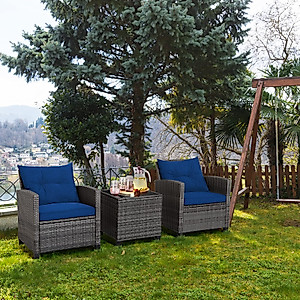 RELAX4LIFE Wicker Patio Furniture Sets - 3 Pieces Patio Rattan Sofa Set, Outdoor Conversation Set with Tempered Glass Tabletop, Heavy-Duty Steel Frame, Wicker Chair Set for Poolside, Backyard, Navy