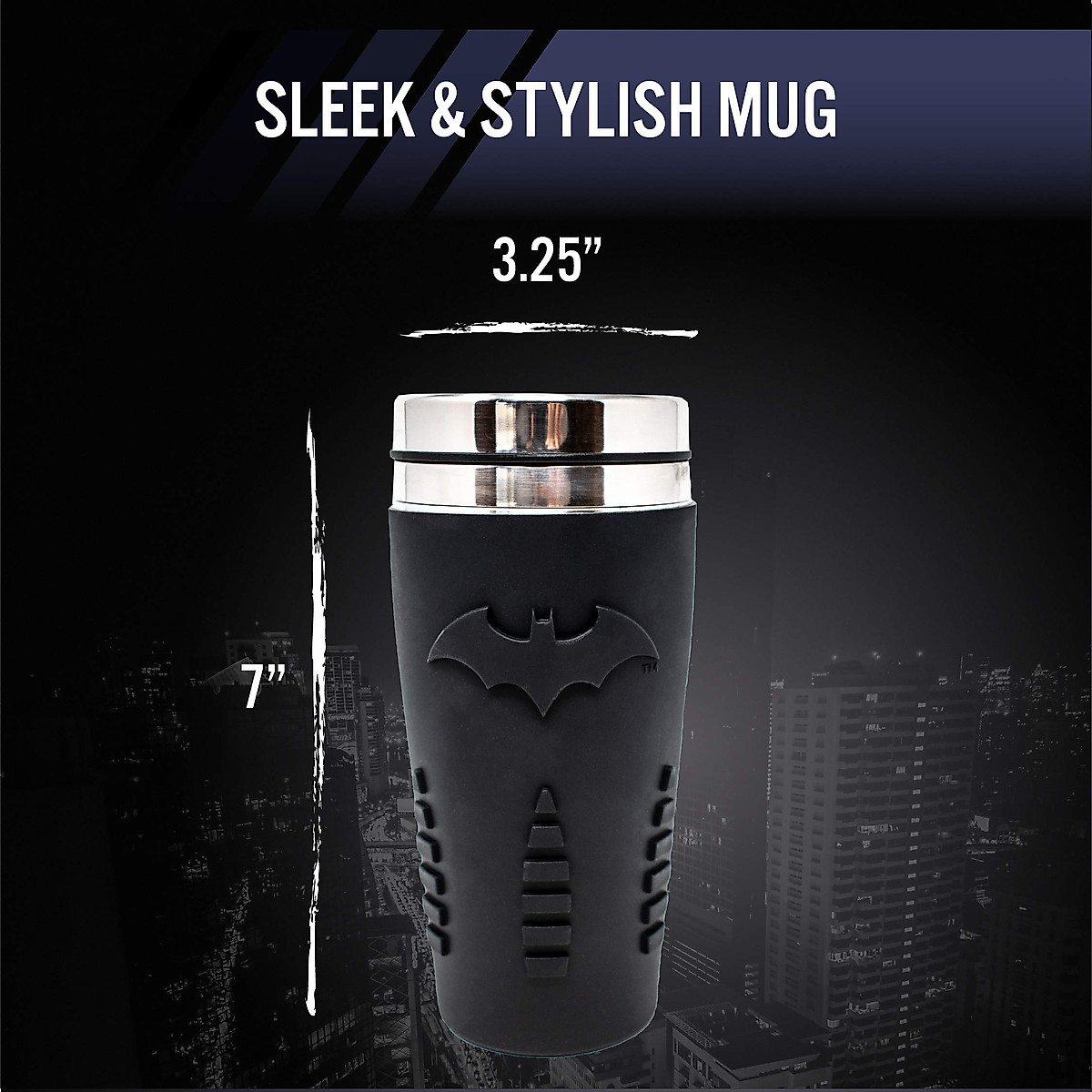Paladone Batman Travel Mug with Silicone Grip Sleeve, 15oz, Insulated Stainless Steel Tumbler with Lid, Officially Licensed DC Comics Coffee Mug
