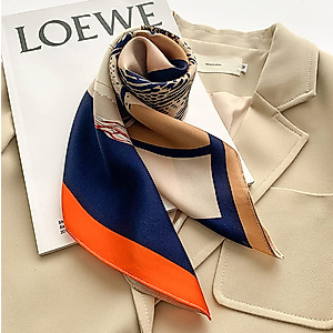 MEISEE 100% Pure Mulberry Silk Square Scarf 27"'x27-68CM Head Scarf for Women Natural Silk Neckerchief Printed Headscarf (Coffee color orange horse)