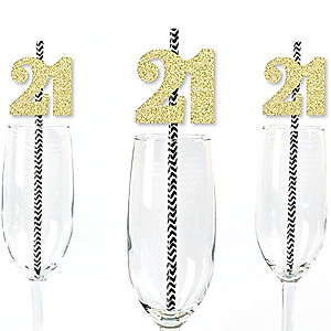 Gold Glitter 21 Party Straws - No-Mess Real Gold Glitter Cut-Out Numbers & Decorative 21st Birthday Party Paper Straws - Set of 24
