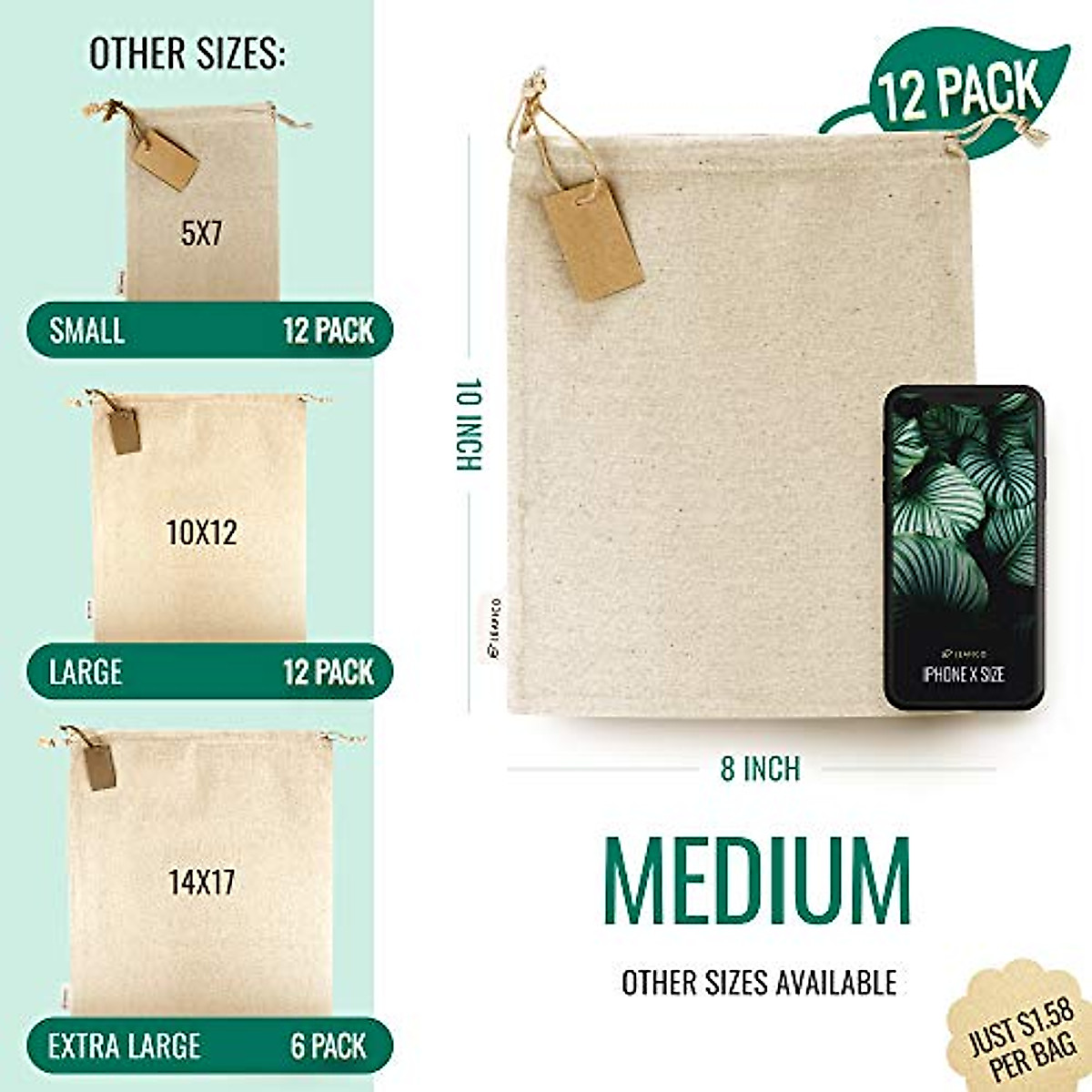 Organic Cotton Produce Bags - Medium 8x10 Inch - 12 Pcs Reusable Muslin Storage Bags with Drawstrings - Canvas Bags - Biodegradable Fabric Bags - Snack Bags - Cloth Bags by Leafico