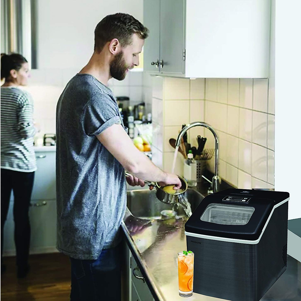 Frigidaire EFIC452-SSBLACK XL Maker, Makes 40 Lbs. of Clear Square Ice Cubes A Day, Black Stainless