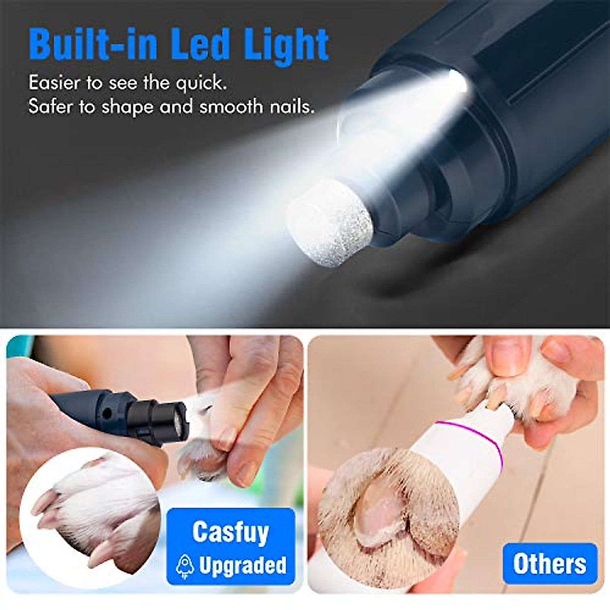 Casfuy Dog Nail Grinder with LED Light - Upgraded 2-Speed Electric Pet Nail Trimmer Powerful Painless Paws Grooming & Smoothing for Small Medium Large Dogs & Cats (Dark Blue)