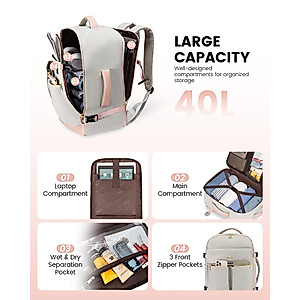 LOVEVOOK Carry On Backpack, 40L Travel Backpack Women with 3 Packing Cubes, TSA Airline Approved Suitcase Bag as Personal Item, Waterproof 17 inch Laptop Backpack for Weekender Overnight,Grey Pink