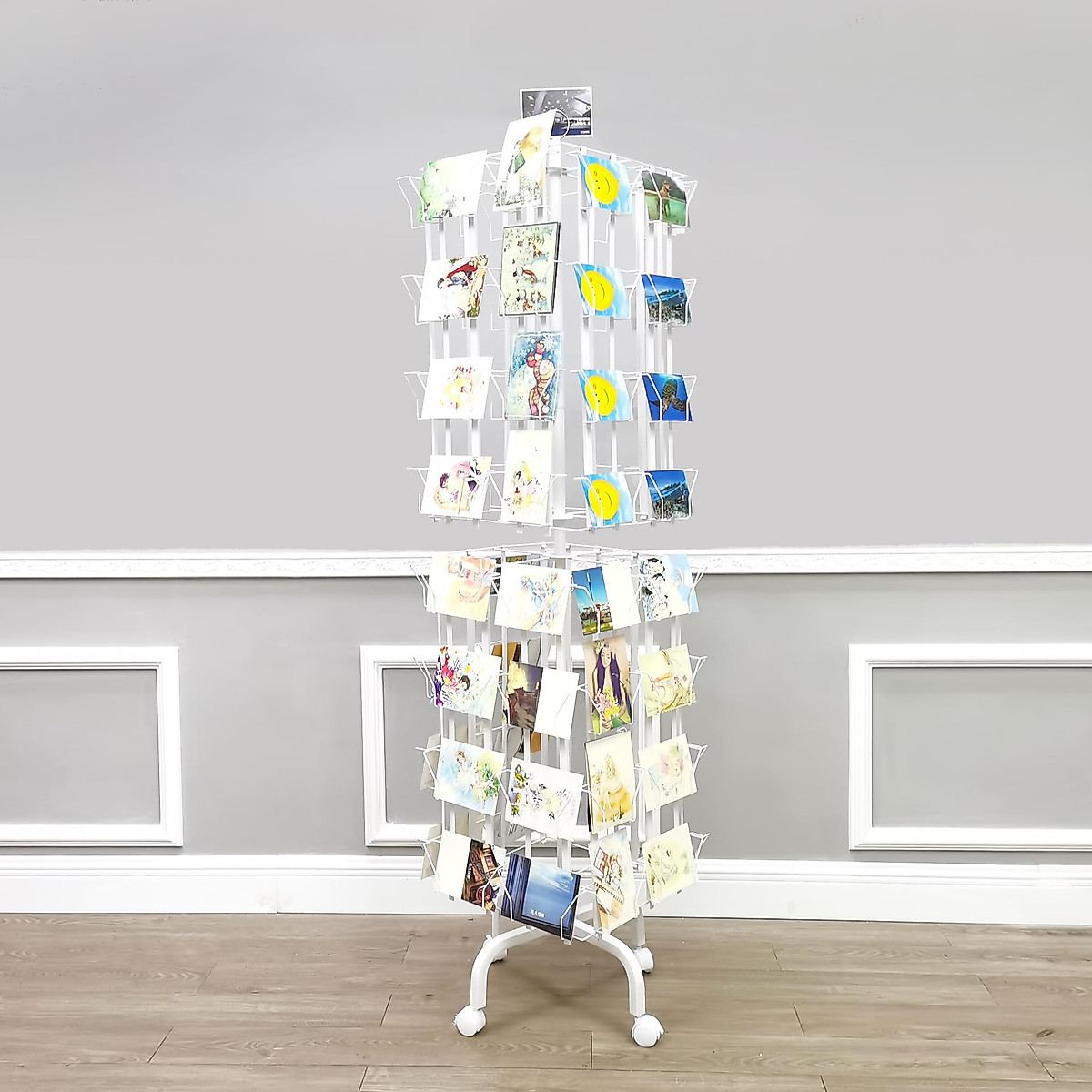 64 Adjustable Pockets Display Rack 5x7 7x5 up to 9.3" Wide X 8" Tall Cards, 1.27" deep Pockets, Double Tier Greeting Post Card Christmas Holiday Spinning Rack Stand White 10139-WHITE-NPF-SL