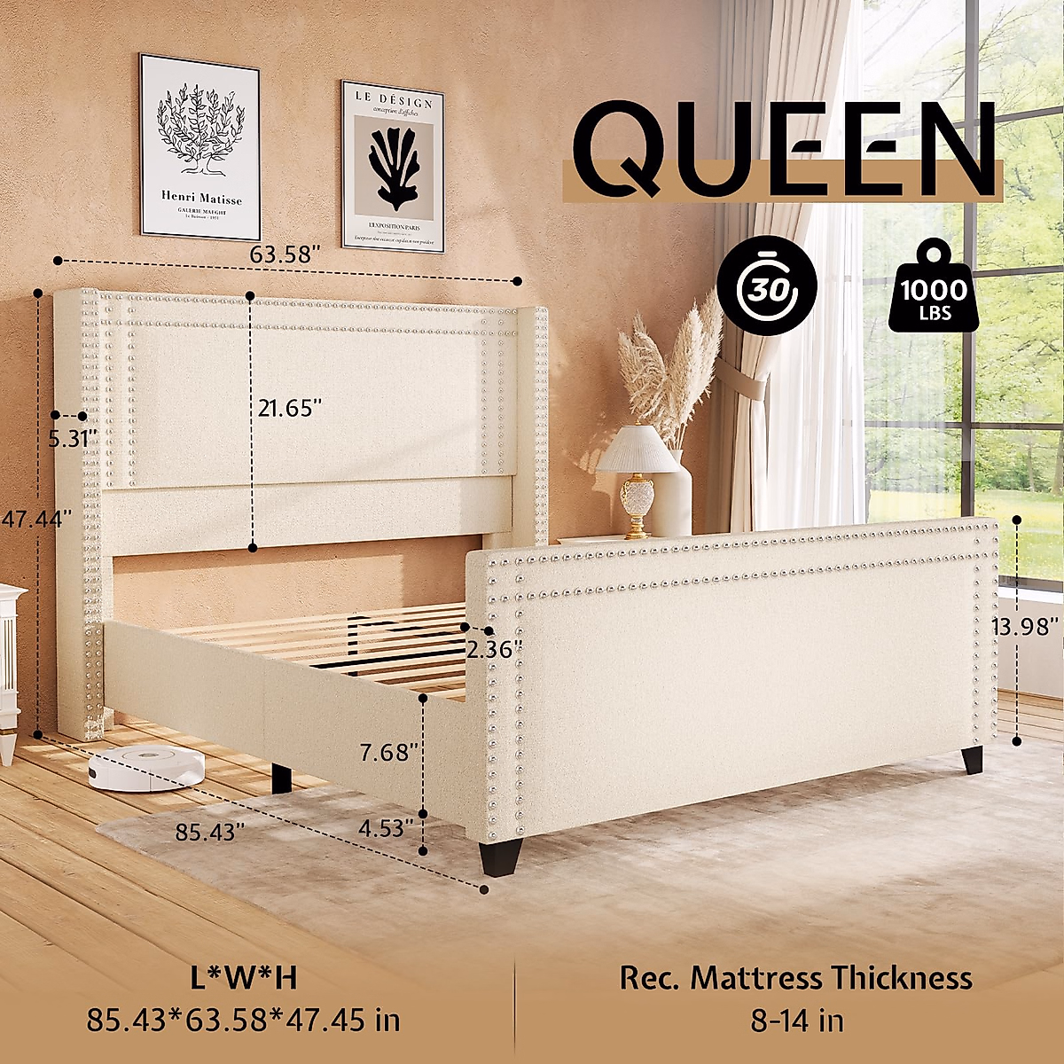 Jocisland Queen Size Bed Frame, Chenille Upholstered Platform Bed with Wingback Headboard & Footboard, Nailhead Trim, No Box Spring Needed, Cream